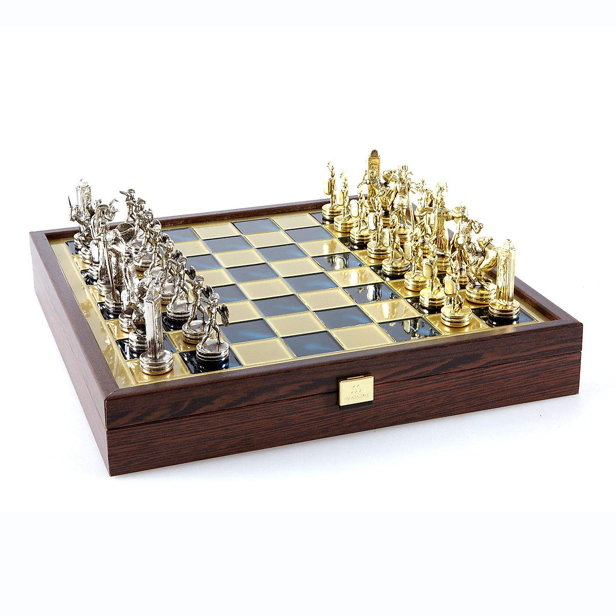 Manopoulos Greek Mythology Chess Set - Brass&Nickel - Wooden case Blue Board