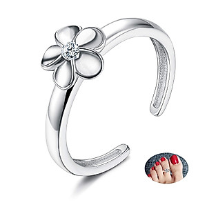Sllaiss 925 Sterting Silver Open Toe Ring for Women Flower Adjustable Toe Ring Hypoallergenic CZ Rings Simple Open Thin Band Ring Tail Ring Foot Jewelry