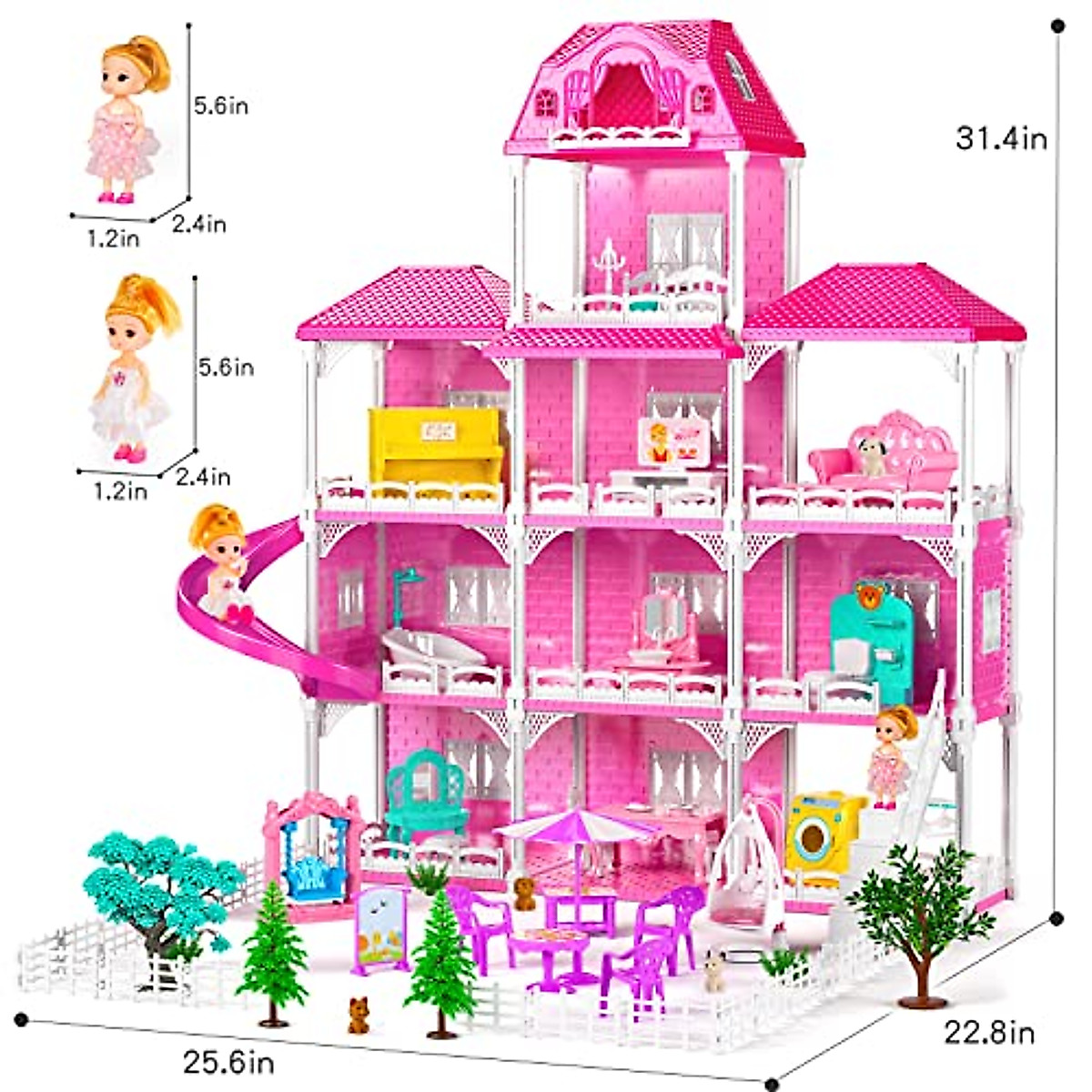 TEMI Dream Doll House for 3 4 5 6 7 8 Year Old Girls Toy - 4-Story 10 Rooms Dollhouse 7-8 with 2 Toy Figures, Furniture and Accessories, Pretend Play House for Kid Ages 3+