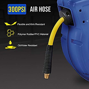 Goodyear Air Hose Reel Retractable 3/8" Inch x 50' Foot Hybrid Polymer Hose Max 300PSI Commerical Polypropylene Construction