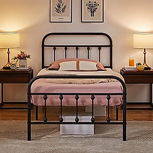 Topeakmart Twin Size Victorian Style Metal Bed Frame with Headboard/Mattress Foundation/No Box Spring Needed/Under Bed Storage/Strong Slat Support Black