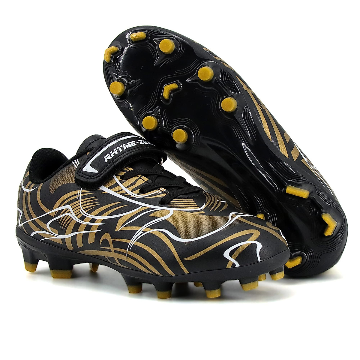 Rhyme-Zeal Girls Cleats Soccer Boys Soccer Shoes Firm Ground Professional Football Shoes Black Gold 3.5 Big Kids