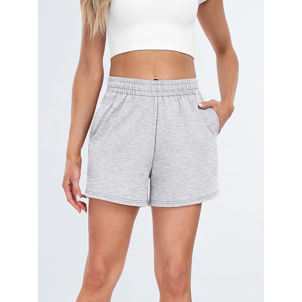 AUTOMET Womens Sweat Shorts Casual Summer Drawstring Comfy Elastic High Waist Running Clothes with Pockets Grey M