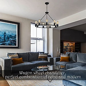 Senyshilon Wagon Wheel Chandelier 9-Light Farmhouse Chandelier, Dia 32'' Industrial Pendant Light Fixture, Black Matte Modern Chandeliers for Dining Room Kitchen Island Bedroom Living Room Foyer
