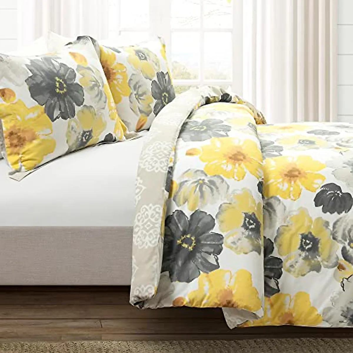 Lush Decor Leah 6 Piece Floral Duvet Set, King, Yellow & Gray