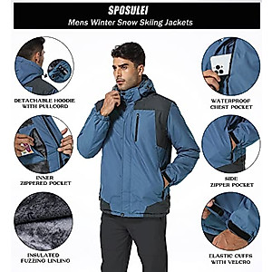 SPOSULEI Winter Jackets Coats for Mens Ski Snow Rain Windbreaker Waterproof Jackets Warm Fleece Lined Sports Coats Blue X-Large