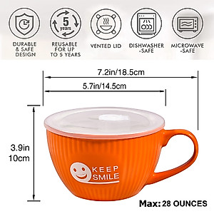 fMSDD 28oz Ceramic Meal Prep Bowl Soup Mug with Lid, Dishwasher & Microwave Safe, Lead-Free Food Container, Orange