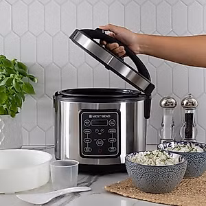 West Bend Rice & Grain Multi Cooker Programmable with 9 Preset Functions, Features Delay Start and Keep Warm Functions and Steam Basket, 20 Cups Cooked, Stainless Steel