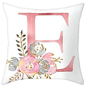 Eanpet Throw Pillow Covers Alphabet Decorative Pillow Cases ABC Letter Flowers Cushion Covers 18 x 18 Inch Square Pillow Protectors for Sofa Couch Bedroom Car Chair Home Decor (E)