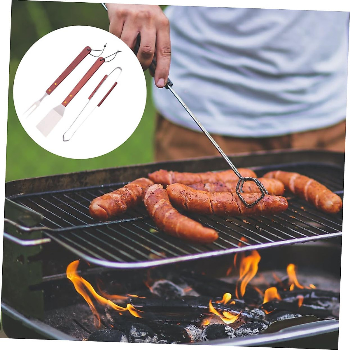 GANAZONO 3 Pcs Three Piece Barbecue Set Stainless Steel BBQ Tools Barbecue Roasting Sticks Grilling Barbeque Food Tongs BBQ Spatula Outdoor Accessories Grill Utensils Fork Wooden Major