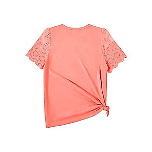 SweatyRocks Women's Eyelet Embroidery Short Puff Sleeve Top Round Neck Plain Tee Shirt Watermelon Pink S