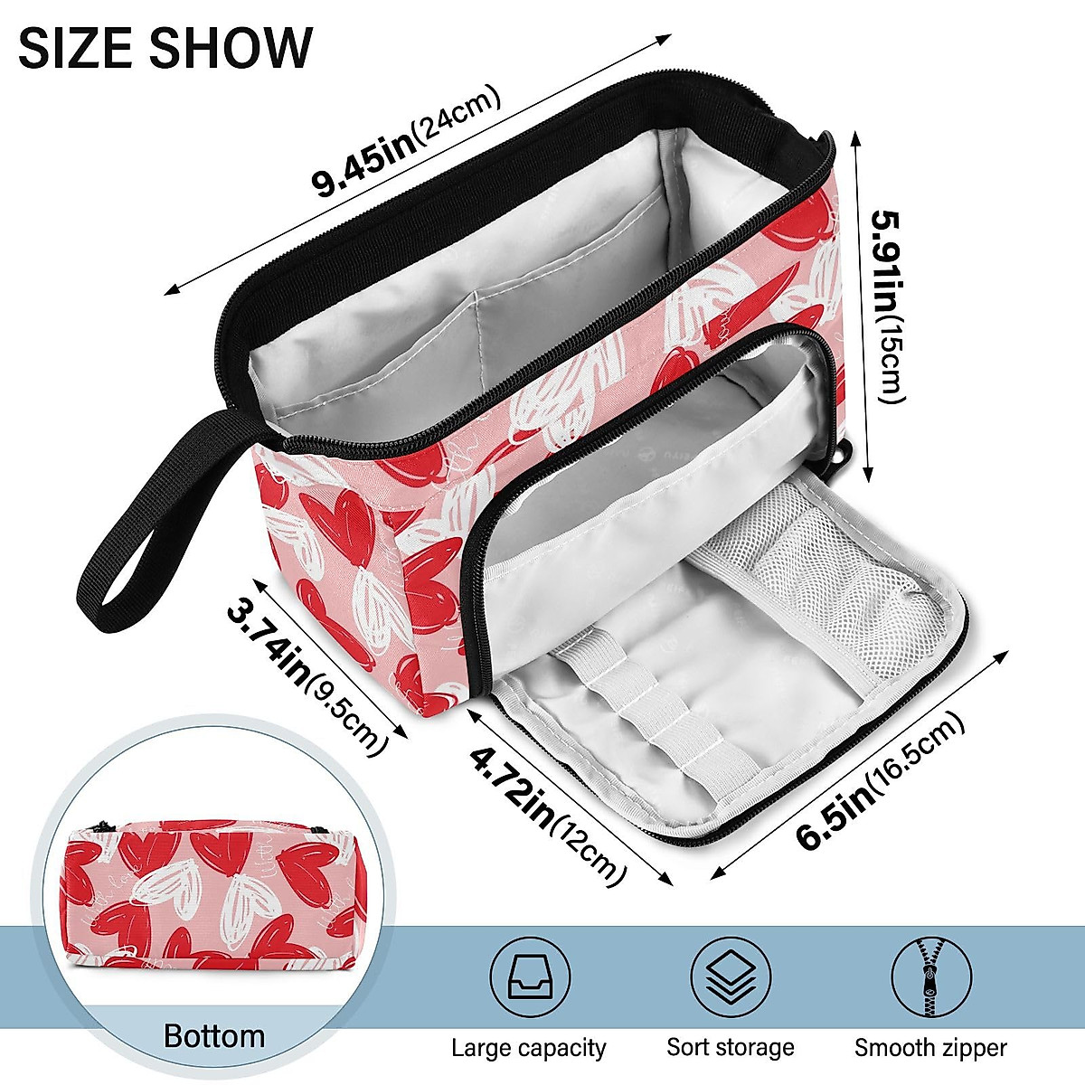 Bolaz Big Capacity Pencil Pen Case Pouch Bag School College Office Organizer for Teens Girls Adults Student-Valentine's Day Red White Hearts on Pink