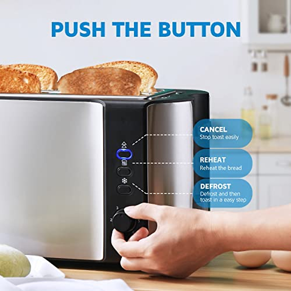 Toaster 4 Slice, 10'' Long Slot Toaster 2 Slice, Extra-Wide Stainless Steel Toasters, 4 Slice Toaster, Warming Rack & 6 Shade Settings, Defrost/Reheat/Cancel, Toaster for Croissants Bread(Silver)