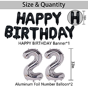 NANINUNENO 22nd Black Silver Birthday Party Decorations for Men Women, Happy 22 Birthday Party Supplies with Black Happy Birthday Banner,22 Number Balloons, Silver Foil Stars, Happy Birthday Balloons