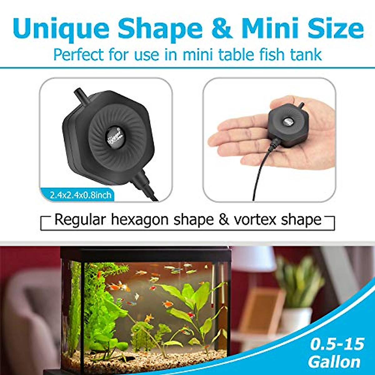hygger Ultra Silent 1.5W Fish Bowl Aqaurium Mini Air Pump with Accessories, Oxygen Aerator Kit for Fish Tank 0.5-15 Gallon, Comes with 3/16 Inch Air Tubing, Air Stone, AC 110V/60HZ, Power Cord 3.6ft