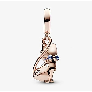 Rose Gold Pet Cat Dangle Charm 925 Sterling Silver Pendant,Jewelry Bead Gift for Women Bracelet&Necklace