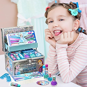 Disney Frozen Train Case Girls Beauty Set, Kids Makeup Kit for Girls, Real Washable Toy Makeup Set, Frozen Gift, Play Makeup, Pretend Play, Party Favor, Birthday, Toys Ages 3 4 5 6 7 8 9 10 11 12