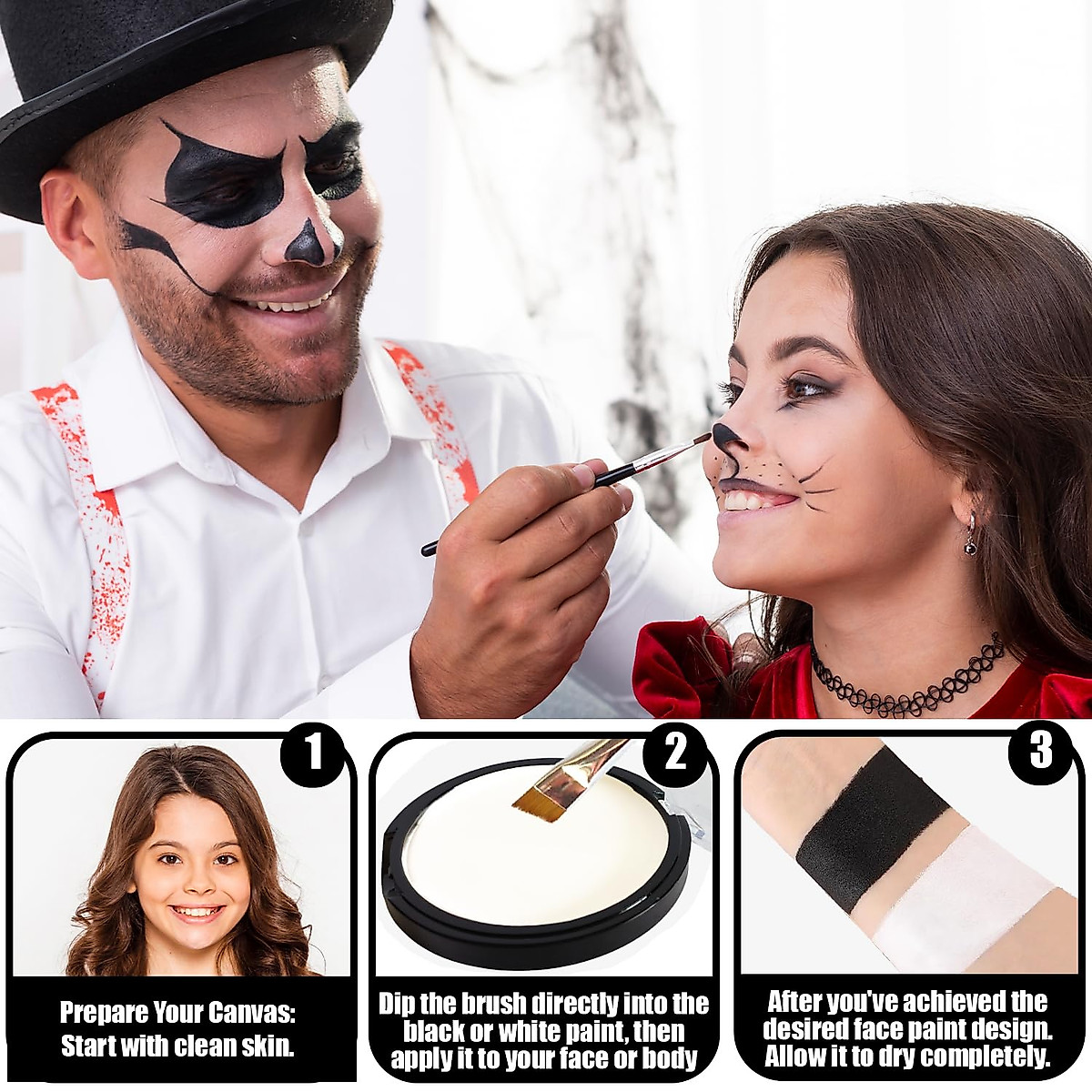 Jim&Gloria Black and White Face Paint + Painting Brush + UV Glow Tattoos, Sweatproof & Water Resistance Paints, Professional Palette Makeup Kit for Halloween SFX Costume Skeleton Clown Joker Mime