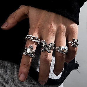 KISS WIFE Cool Rings Set for Women, Vintage Silver Punk Rings Bulk, Gothic Chunky Knuckle Emo Stackable Finger Ring Pack (Gothic)