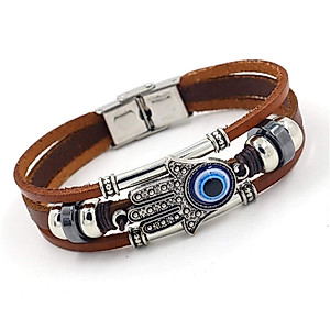 Leather Evil Eye Bracelet Wristband Vintage Three-Row Leather Hamsa Hand Blue Eyes Bracelet Retro Multi-Layer Rope Wrap Bracelet Handmade Devil's Eye Bangle Strand Bracelet Turkish Jewelry - Style B