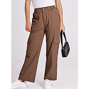 ANRABESS Women's Cargo Pants High Waisted Baggy Multiple Pockets Casual Work Pants Trendy Fashion Relaxed Fit Trousers Y2k for Teen Girls 1017shenka-S Brown