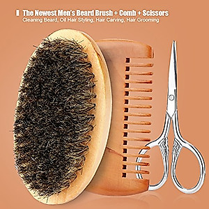 Men's Beard Grooming Set, Double-Sided Comb and Beard Brush Soft Synthetic Hair Styling Brush and Shaving Scissors Shaving Beards and Mustaches(Beard Brush + Comb + Scissors))