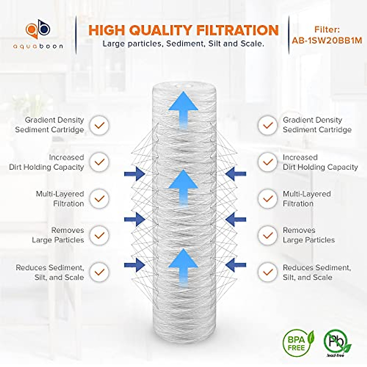 Aquaboon 1 Micron 20" x 4.5" String Wound Sediment Water Filter Cartridge | Whole House Sediment Filtration | Compatible with PC40-20, WP1BB20P, 355222-45, WPP-45200-01, WPP-45200-01, 84650, 10-Pack