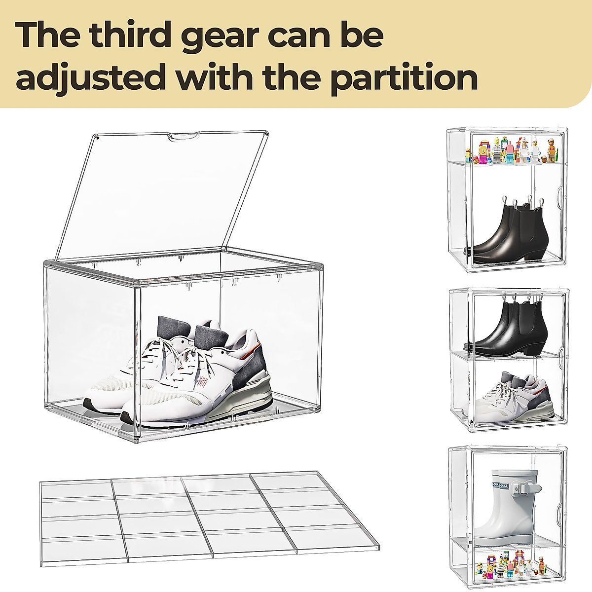 IYINIYI 15.75''x11.81''x9.84'' XX-Large Clear Shoe Storage Boxes with Divider, Stackable Plastic Boot Boxes with Magnetic Door, Acrylic display case Box with Lids for Sneaker Purses Handbags Books (3)