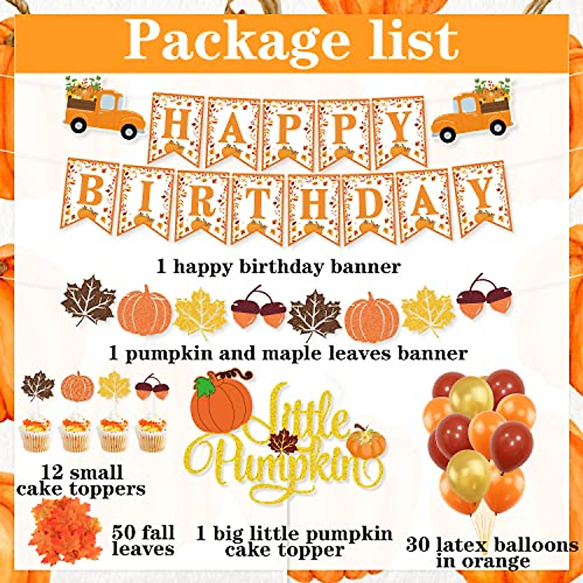 K KUMEED Little Pumpkin Party Decorations, Happy Birthday Pumpkin Banner Maple Leaves Cake Topper Latex Balloons for Fall Theme Baby Shower Birthday Decorations Party Supplies