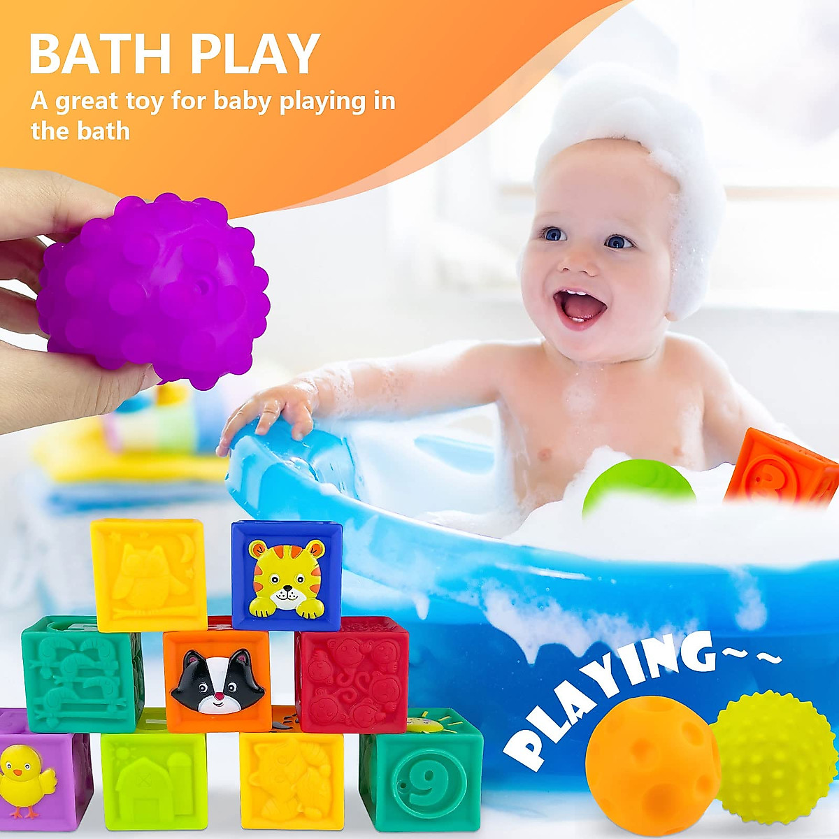 ROHSCE Baby Building Toys & Sensory Toys Set: 9 Building Blocks, 4 Textured Sensory Balls - Soft Colorful Baby Teething & Bath Toys, Stacking Blocks Toys, Educational Toys