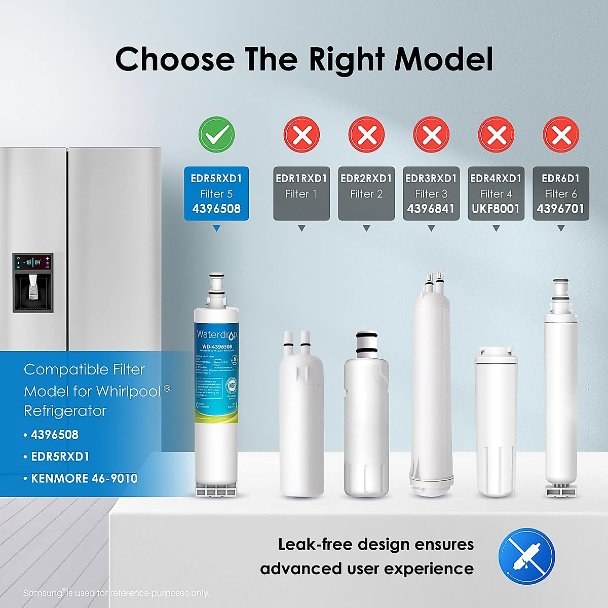 Waterdrop 4396508 Replacement for Whirlpool® 4396510, EDR5RXD1, NLC240V, PNL240V, 4396508p, 4396547, 4392857, LC400V, WF-NLC240V, Everydrop® Filter 5 Refrigerator Water Filter,1 PACK(Package May Vary)