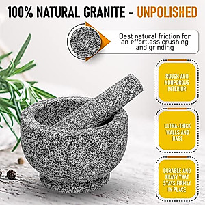 Granite Mortar and Pestle Set - Large 2 Cup Stone Grinder Guacamole Bowl and 6 Inch Pestle - Perfect for Crushing and Grinding Herbs and Spices to Maximize Flavor - Includes Silicone Covers