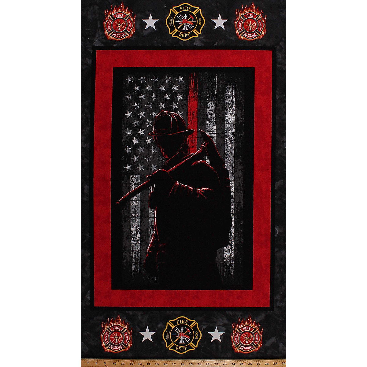 23.5" X 43" Panel Firefighters Fireman Firefighting Fire Station Flag Fire Department Emblem Heroes Rescue Red Black Cotton Fabric Panel (D570.89) Officially Licensed Sykel Enterprises