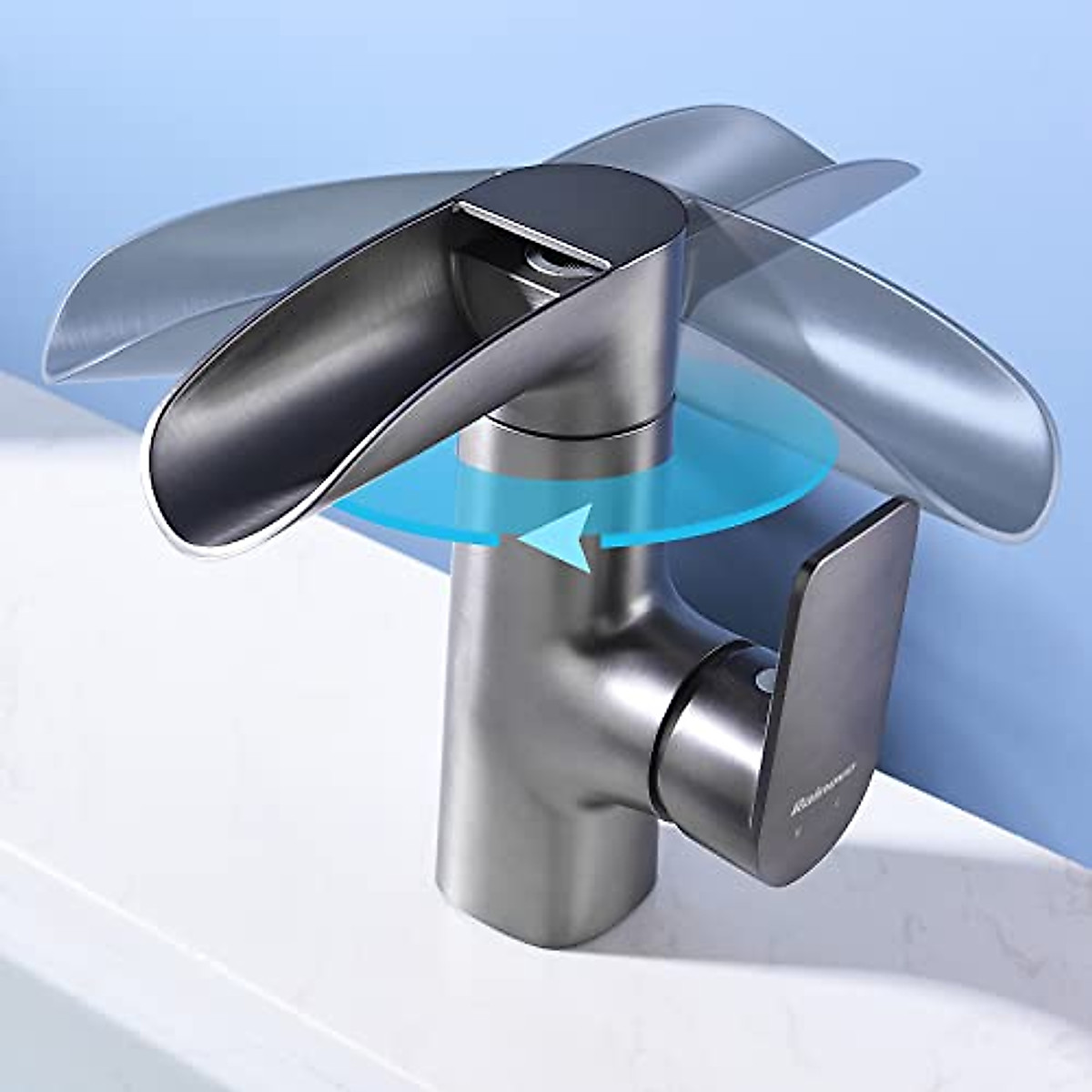 Rainovo Waterfall Bathroom Faucet, Bathroom Faucet with 360° Swivel Waterfall Spout, Single Handle Bathroom Faucet 1 Hole, Single Hole RV Basin Vessel Vanity Faucet, Grey