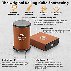 Toptzon Diamond Brown Rolling Knife Sharpener – Roller Knife Sharpener Kit with 15 & 20 Degree Magnetic Angle Stand & Leather Strop Paddle Kit - Easy Sharpening for Kitchen Knife (Modern Brown)