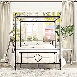 Priyas Home Black Metal Canopy Frame Quatrefoil Pattern Platform Bed with Ball Finials, Queen Size