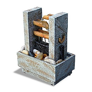 Nature's Mark 8" H Cascading Bamboo Tabletop Water Fountain with Natural River Rocks and LED Lights (Power Cord Attached)