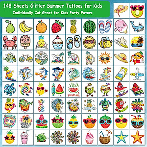 CHARLENT 148 PCS Glitter Summer Fruit Temporary Tattoos for Kids - Watermelon Pineapple Individual Tattoos for Boys Girls Pool Birthday Party Favors Goodie Bag Fillers