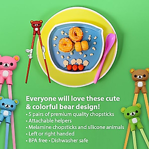 Kids chopsticks for kids children beginner adults toddler training chopsticks with reusable helper (Bears 5-Pack)