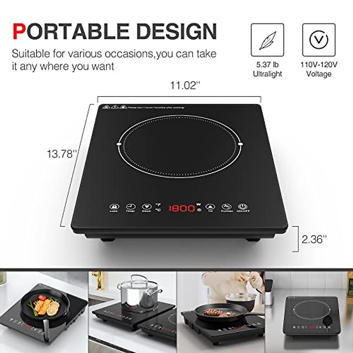 QTYANCY Portable Induction Cooktop, 110V Electric Cooktop Countertop Burner with LED Touch Screen, Overheat Protection Function Hot Plate, 9 Power and Temperature , Black Crystal Glass Surface, Timer and Safety Lock