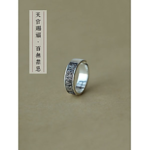 Cdeny Heaven Official's Blessing : Adjustable Open Rings Tian Guan Ci Fu Silver Plated Ring For Men Women Pendant