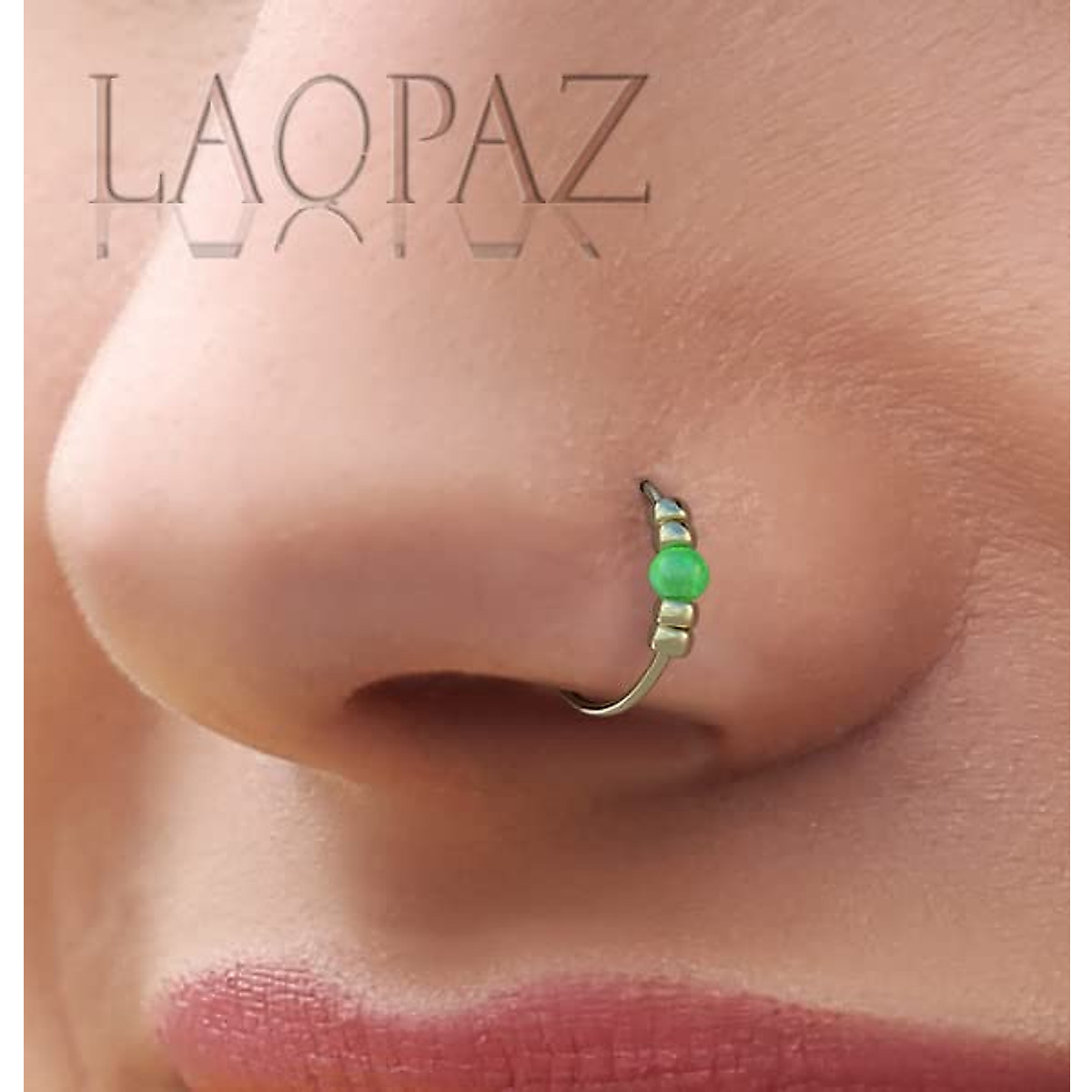 LAOPAZ Nose Ring With Opal 24G, 14K Gold Filled Nose Ring Hoop Green Opal, tiny nose piercing, beaded nose ring 7mm…
