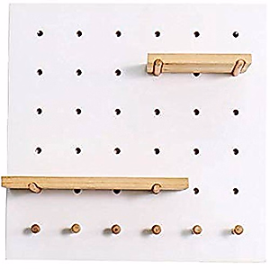 Creation Core Wooden Pegboard with 2 Floating Shelves & 6 Pegs Hooks Wall Storage Organizer System for Office Home Kitchen Decor 15.7x15.7, White