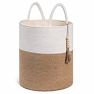 CherryNow Wicker Laundry Basket Tall Woven Hamper, Blanket Storage Basket for Living Room, Entryway, Toy Basket for Nursery, Decorative Clothes Hamper for Bedroom, White & Jute, 51L, 15 x 17.7 inches
