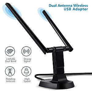 OOWOLF USB WiFi Adapter 1200Mbps Dual Band 2.4GHz/300Mbps 5.8GHz/867Mbps USB 3.0 Wireless WiFi Dongle with 5dBi High Gain Antenna for PC, Desktop, Laptop of Windows XP/Vista/7/8/10, Mac, Linux