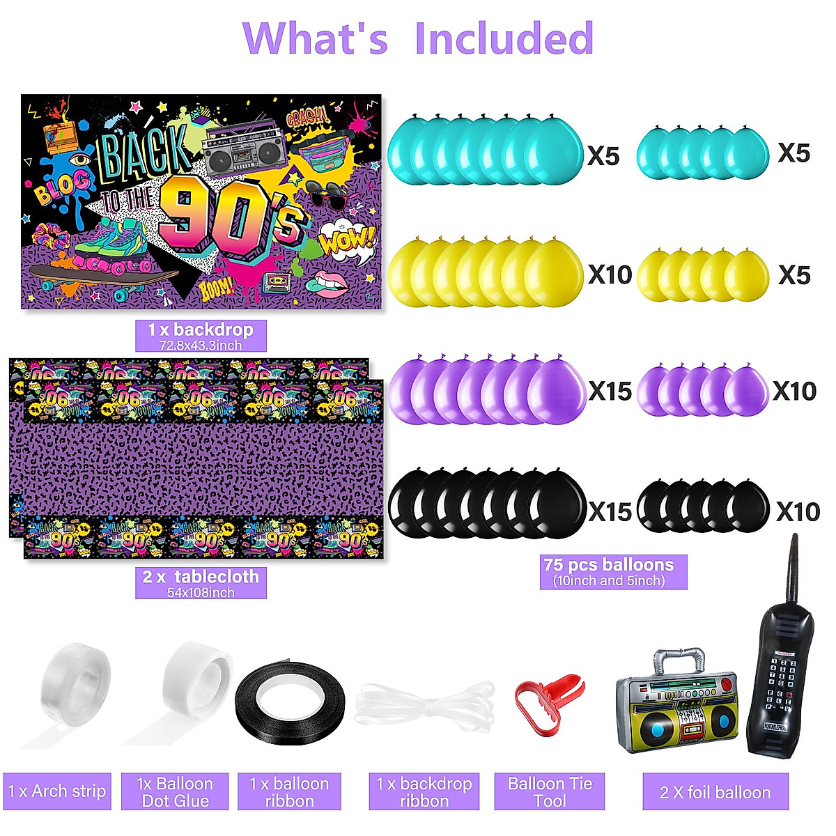 80s 90s 50s Party Decorations 80's 90's 50's Party Bundle Includes Inflatable Radio Boombox and Mobile Phone, Back to 80s 90s 50s Backdrop, Tablecloth, 75 Pcs Balloons for Hip Hop Party(90s Style)
