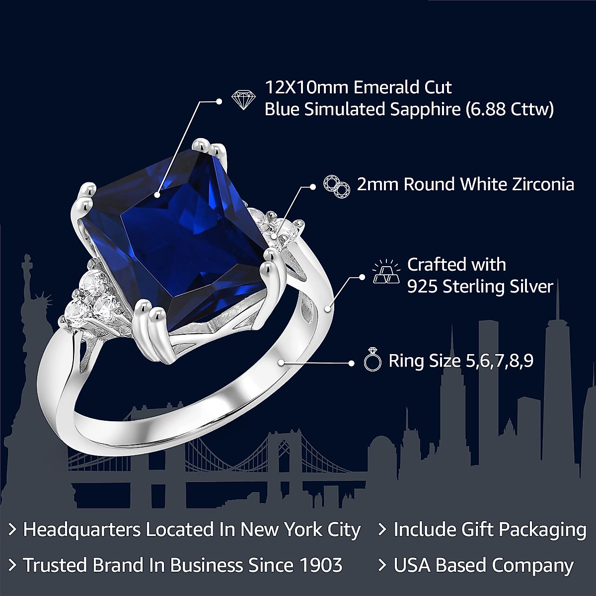 Gem Stone King 925 Sterling Silver 12X10MM Emerald Cut Gemstone Birthstone Engagement Ring | Wedding Anniversary Promise Ring For Women | Available In Size 5, 6, 7, 8, 9