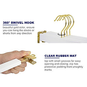 Amber Home 24 Pack 14.17" Solid White Wooden Pant Skirt Hangers with Gold Hook, Bottom Hangers for Slacks Trousers Jeans with 2-Adjustable Gold Clips (White, 24 Pack)
