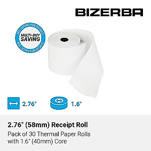 Bizerba Receipt Rolls 2.8" (70mm) Thermal Receipt Paper Rolls, 1.6" (40mm) Core. Pack of 30 Thermal Paper Rolls for Weighing Machines with Thermal Label Printer
