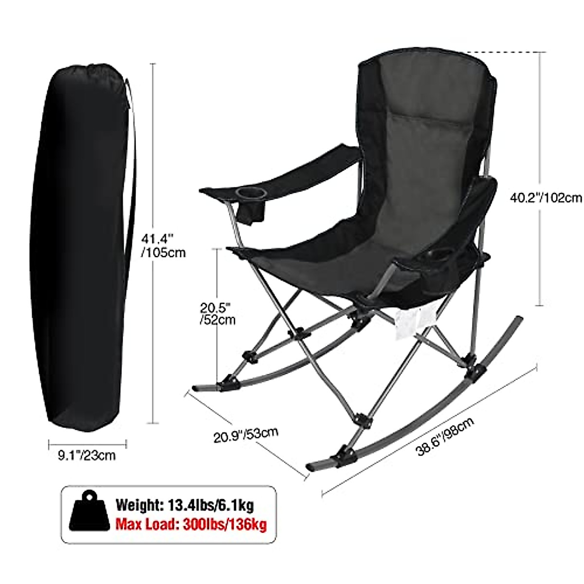 Varbucamp Camping Rocking Chair Outdoor, Folding Heavy Duty Rocker Patio Lawn Chair with High Back, Portable for Indoor Outside Garden, Black Padded Back